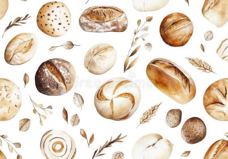 Watercolor Seamless Pattern of Artisan Breads and Wheat on White ...