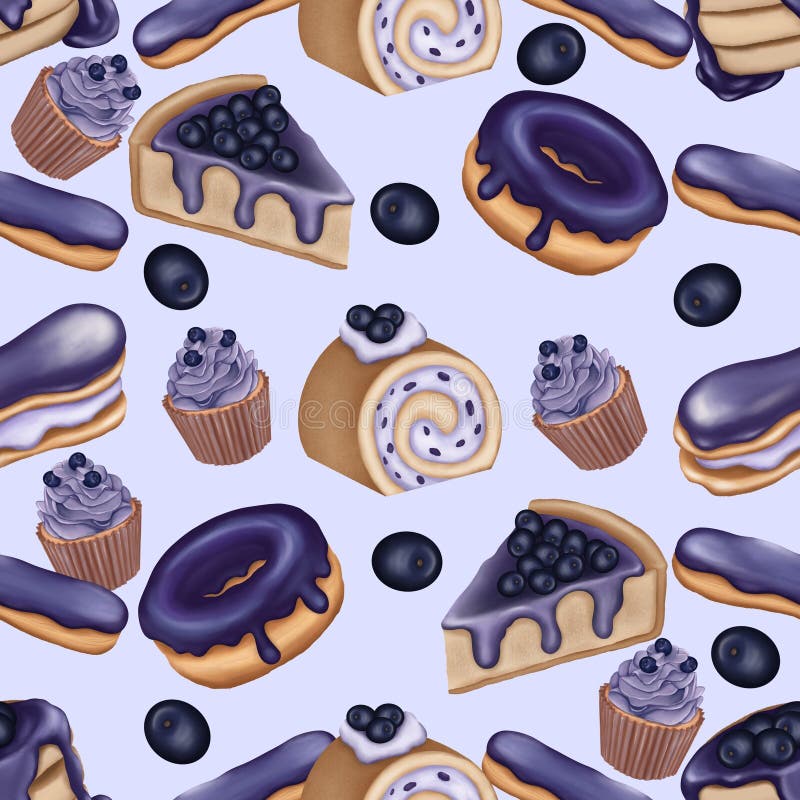 Watercolor Seamless Pattern With Blueberry Desserts And Pastry Isolated