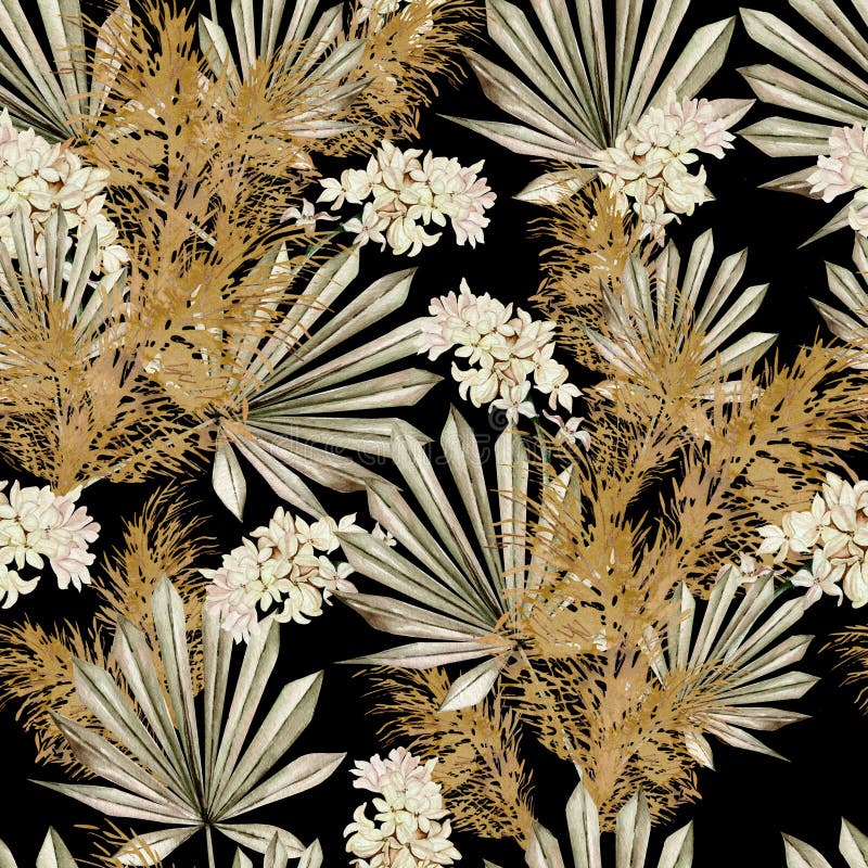 Watercolor Seamless Pattern with Boho Flowers and Leaves Stock ...