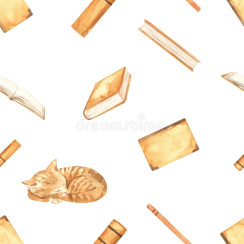 Watercolor Seamless Pattern with Books, Open, Closed, Covers for ...