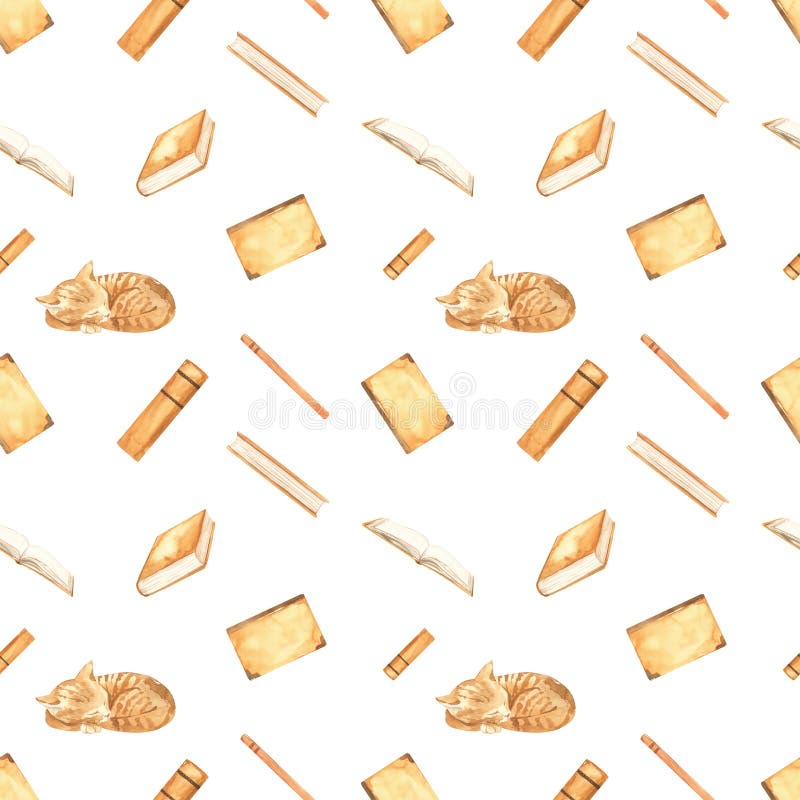 Watercolor Seamless Pattern with Books, Open, Closed, Covers for ...