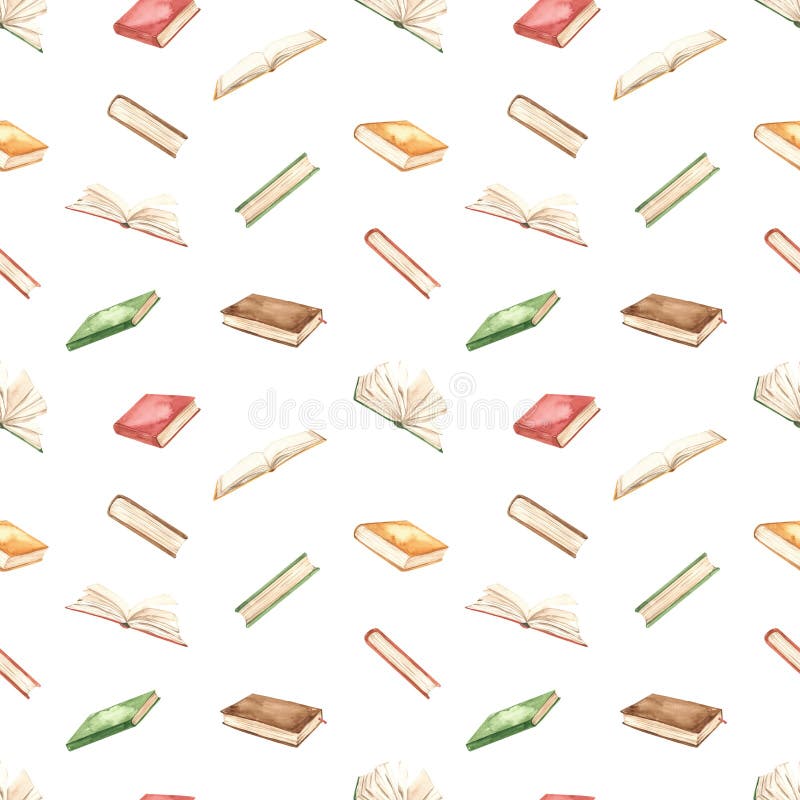 Watercolor Seamless Pattern with Books, Open, Closed in Random Order ...
