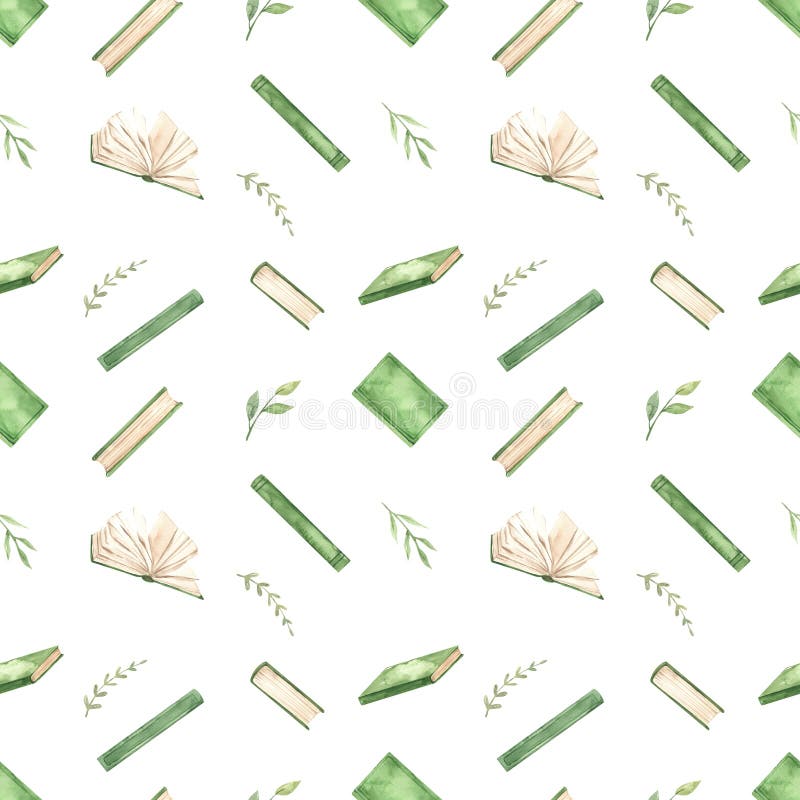 Watercolor Seamless Pattern with Books, Open, Green, Closed in Random ...