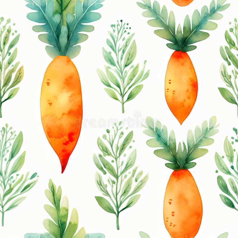 Watercolor Seamless Pattern of Carrots and Greens on a White Background ...