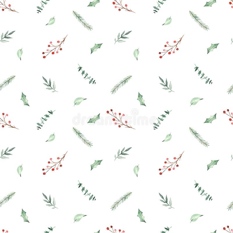 Watercolor Seamless Pattern with Christmas Plants, Leaves, Spruce ...