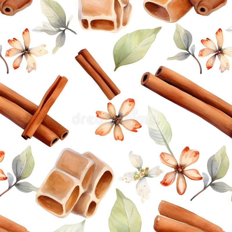 Watercolor Seamless Pattern with Cinnamon Sticks, Leaves and Flowers on ...