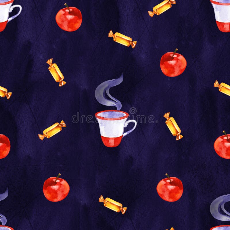 Watercolor Seamless Pattern of Color Cups with Coffee Stock Photo ...