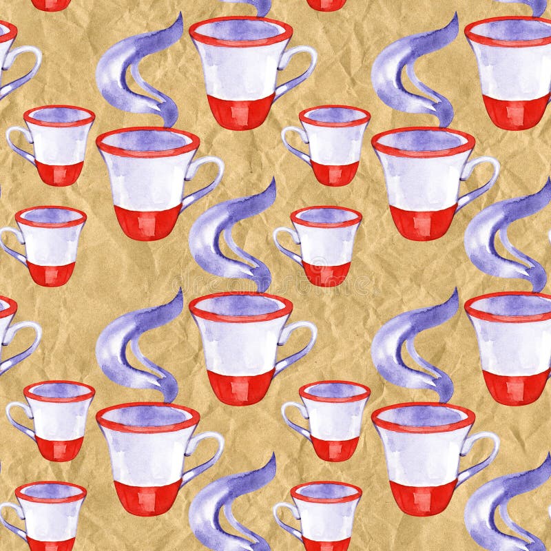 Watercolor Seamless Pattern of Color Cups with Tea. Stock Illustration ...