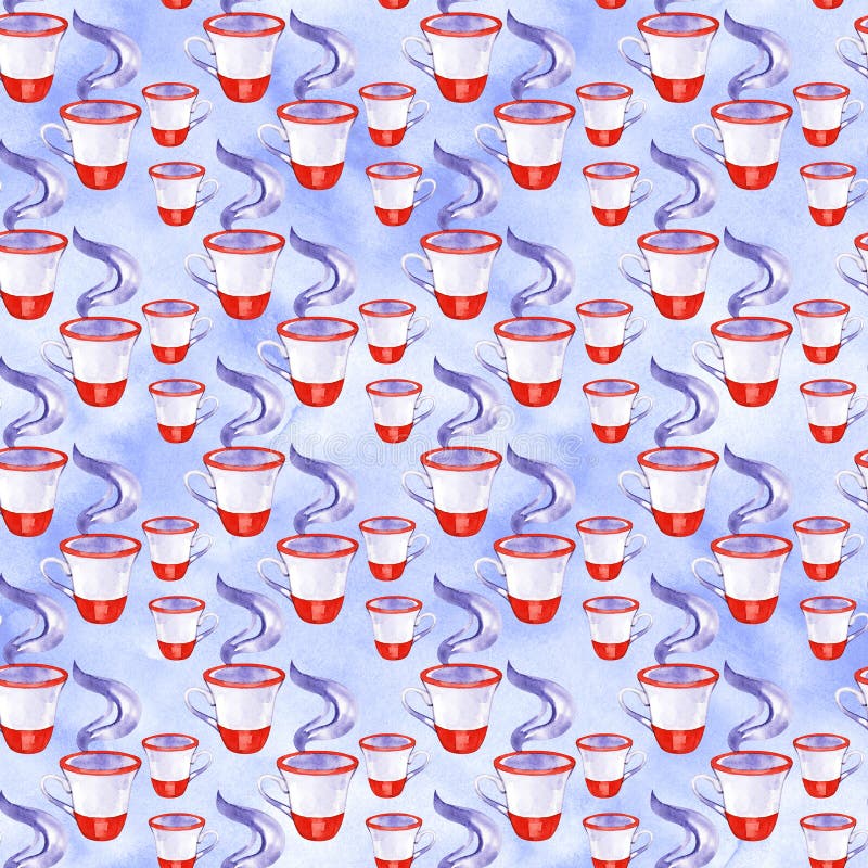 Watercolor Seamless Pattern of Color Cups with Tea. Stock Illustration ...