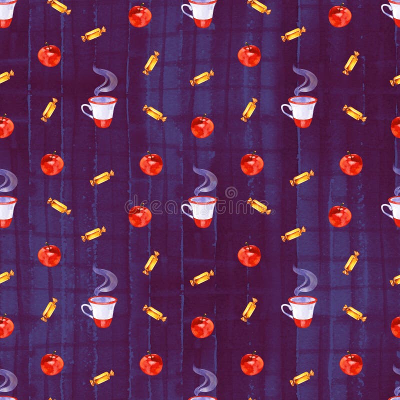 Watercolor Seamless Pattern of Color Cups with Tea. Stock Illustration ...