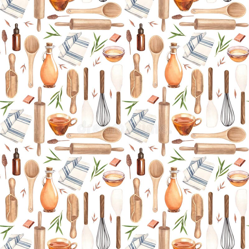 Watercolor Seamless Pattern Cooking Utensils and Kitchen Tools ...
