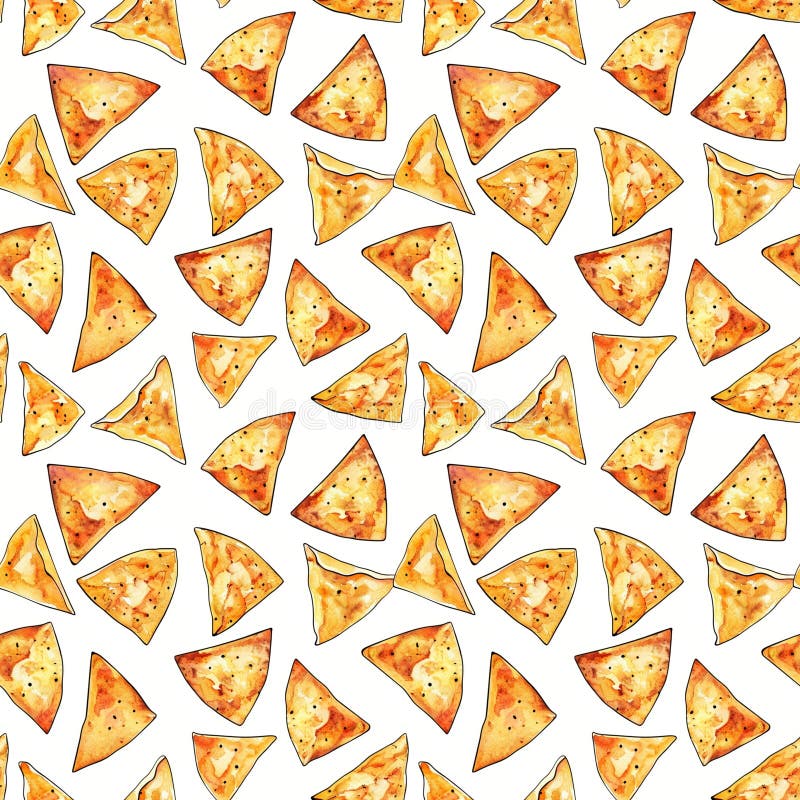 Watercolor Seamless Pattern with Corn Nacho Chips on White Background ...