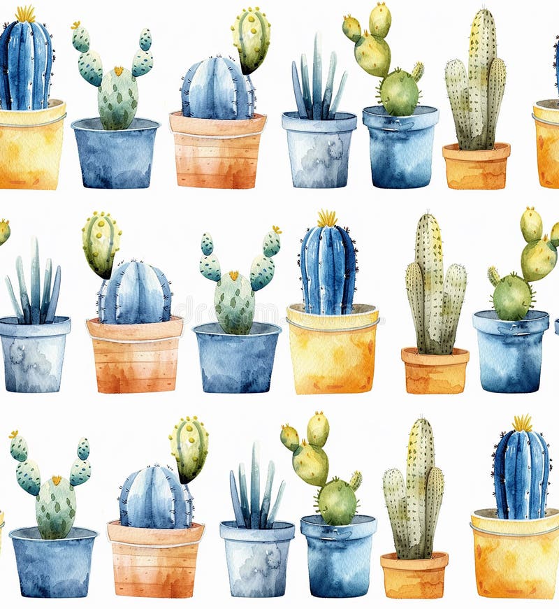 Watercolor Seamless Pattern with Cute Cacti. Print with Flowers in Pots ...