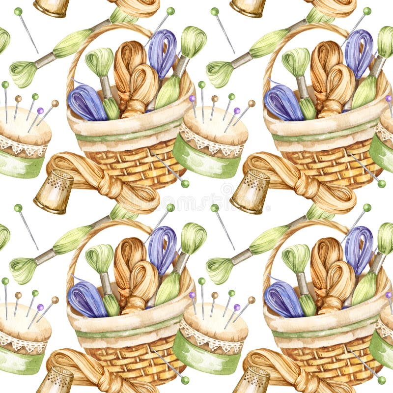 Watercolor Seamless Pattern with Embroidery Tools, Hand Drawn Sketch of ...