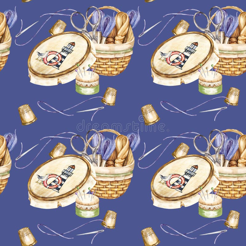 Watercolor Seamless Pattern with Embroidery Tools, Hand Drawn Sketch of ...