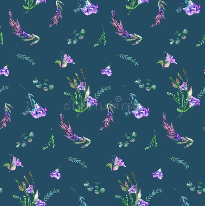 Watercolor Seamless Pattern with Eustoma Flowers Painted with on a Dark ...