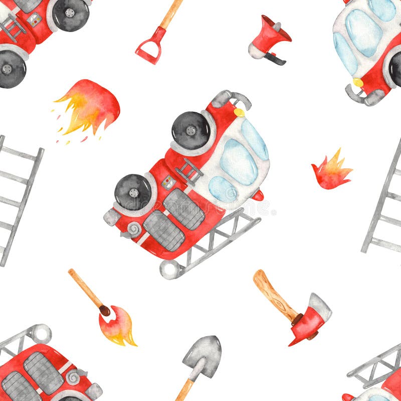 Watercolor Seamless Borders. Fire Department, Fire Truck, Firefighter ...