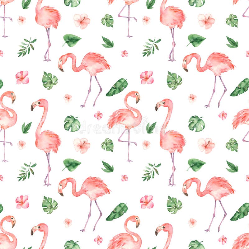 Watercolor Seamless Pattern Flamingos and Tropical Plants Stock ...