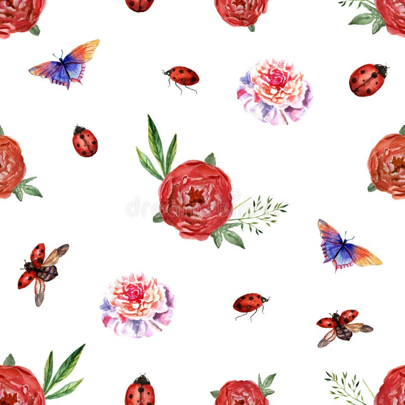 Watercolor Seamless Pattern with Flowers and Insects Stock Illustration ...