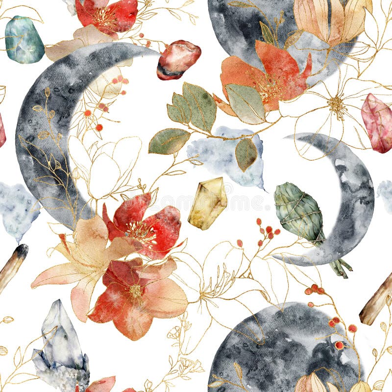 Watercolor Seamless Pattern of Flowers and Moon Composition. Hand ...