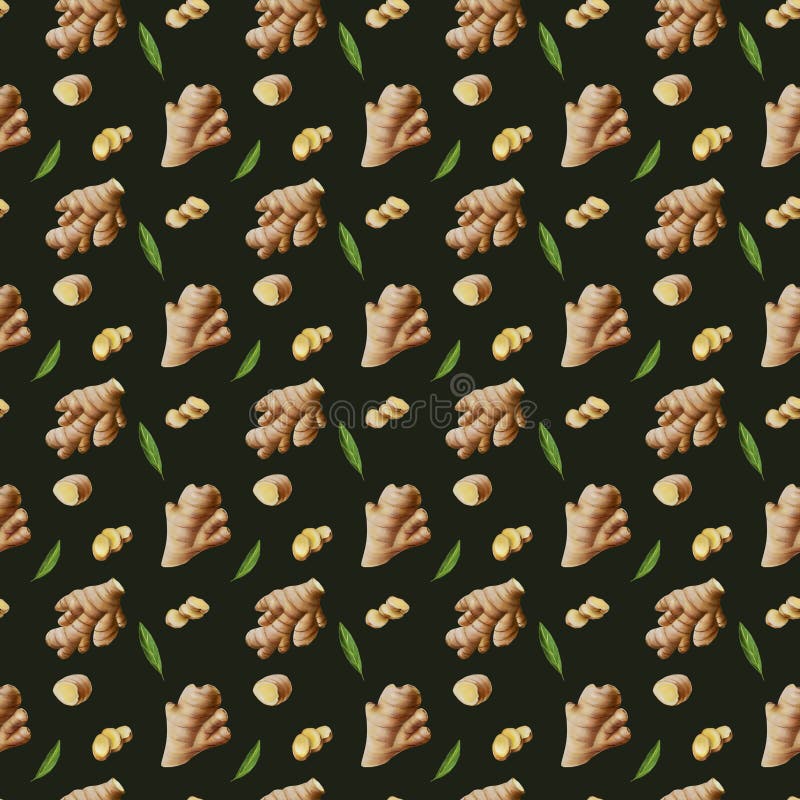 Watercolor Seamless Pattern with Ginger. Includes Ginger Root and Leafs ...