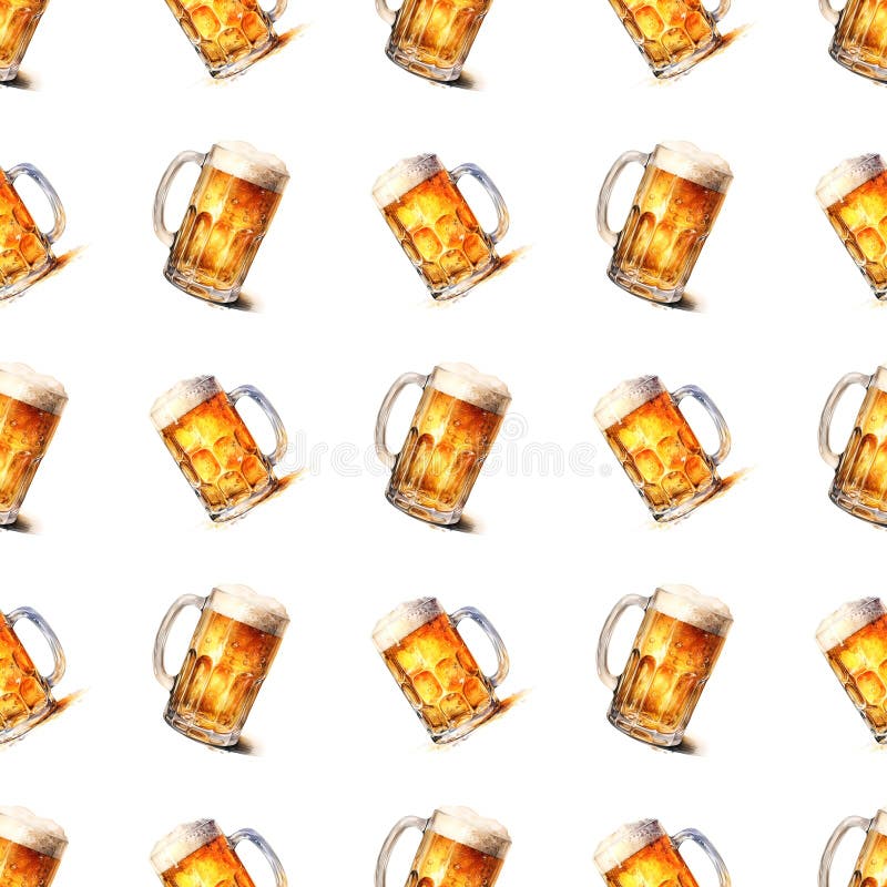 Watercolor Seamless Pattern Glass Beer Mug on White Background Stock ...