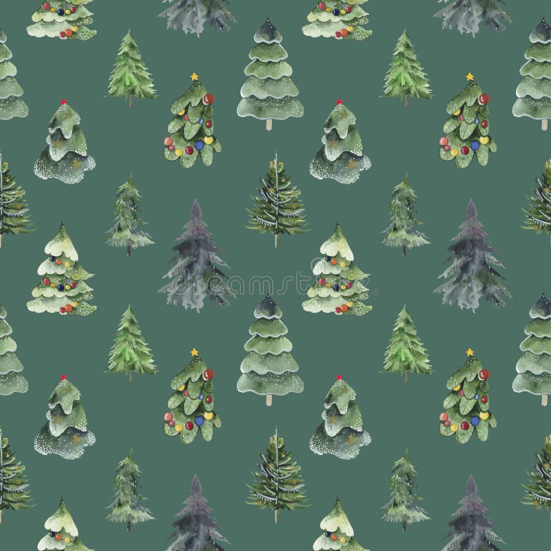 Watercolor Seamless Pattern of Green Christmas Tree Stock Illustration ...