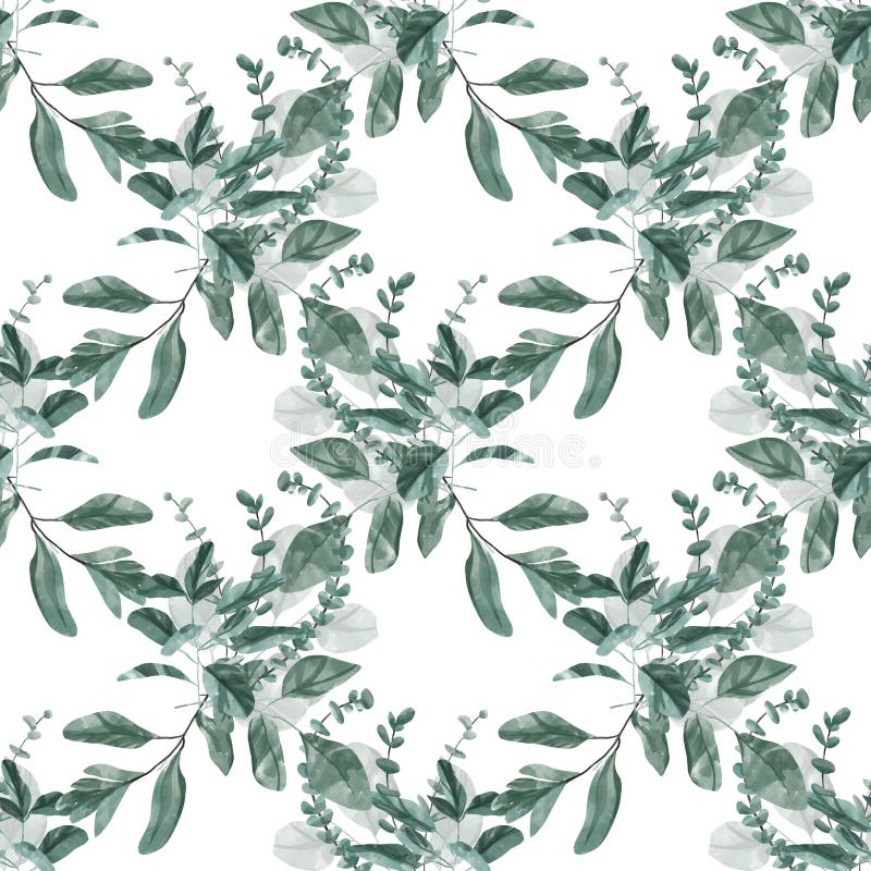 Watercolor Seamless Pattern with Greenery, Green Leaves and Branches on ...