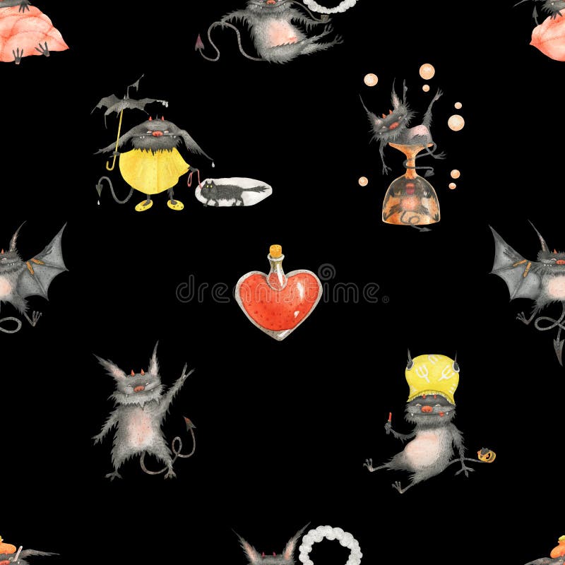 Halloween Devils Watercolor Seamless Pattern Stock Illustration ...