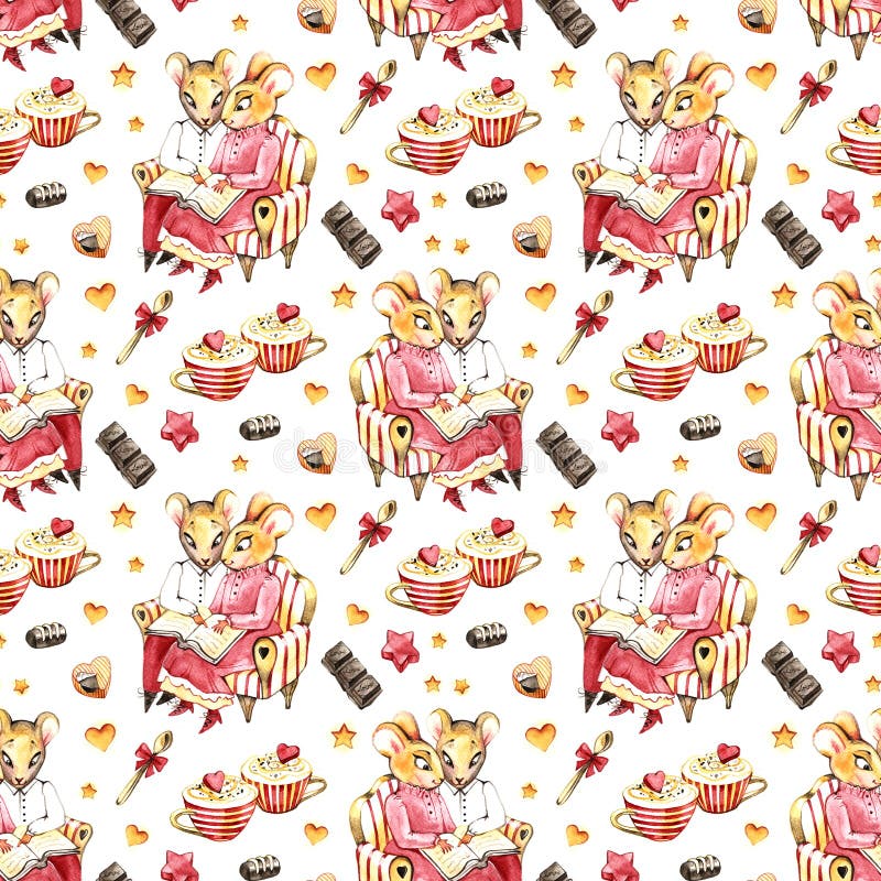 Watercolor Seamless Pattern. Loving Mouse Sitting on the Couch ...