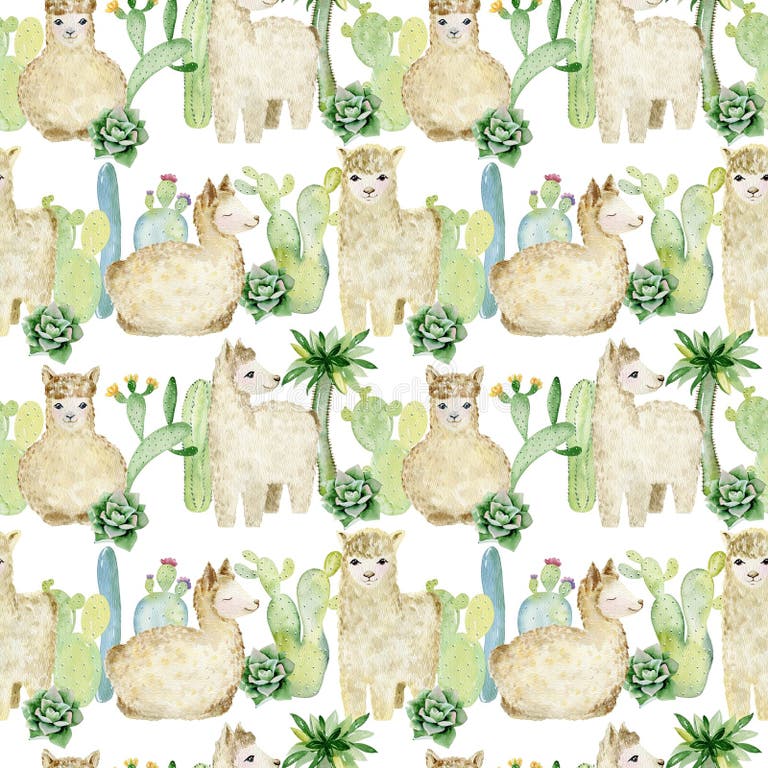 Watercolor Seamless Pattern Stock Image - Image of lama, opuntia: 309721619