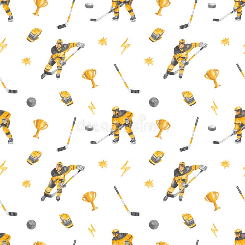 Watercolor Seamless Pattern with Hockey Player, Stick, Cup, Puck, for ...