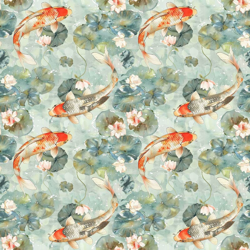 Watercolor Seamless Pattern Japanese Koi Carp Fish in a Pond Stock ...