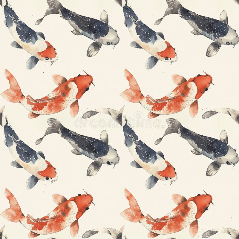 Watercolor Seamless Pattern Japanese Koi Carp Fish on White Background ...