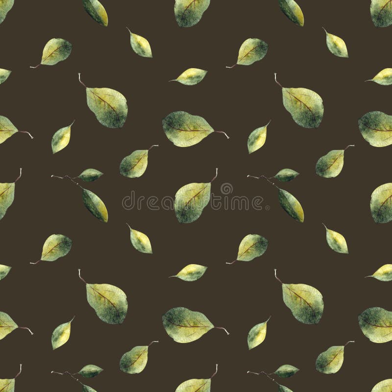Watercolor Seamless Pattern with Leaves on Brown Background. Hand Draw ...