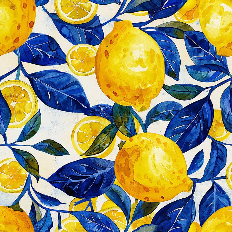 Watercolor Seamless Pattern with Lemons and Blue Patterns. Vintage ...