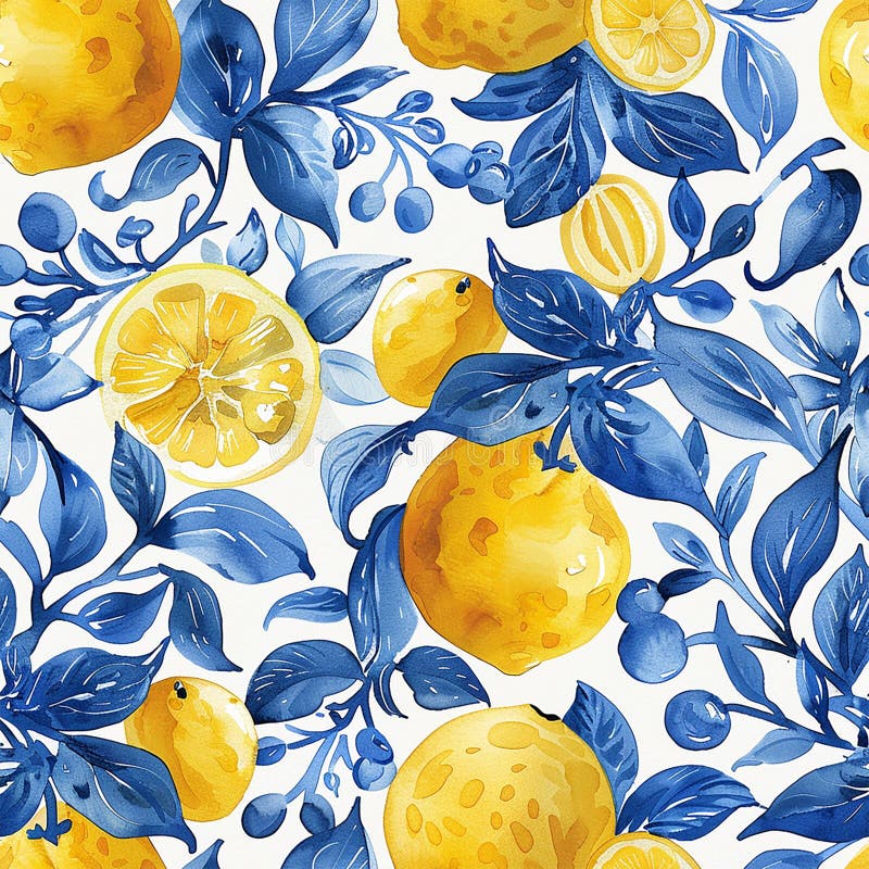 Watercolor Seamless Pattern with Lemons and Blue Patterns. Vintage ...