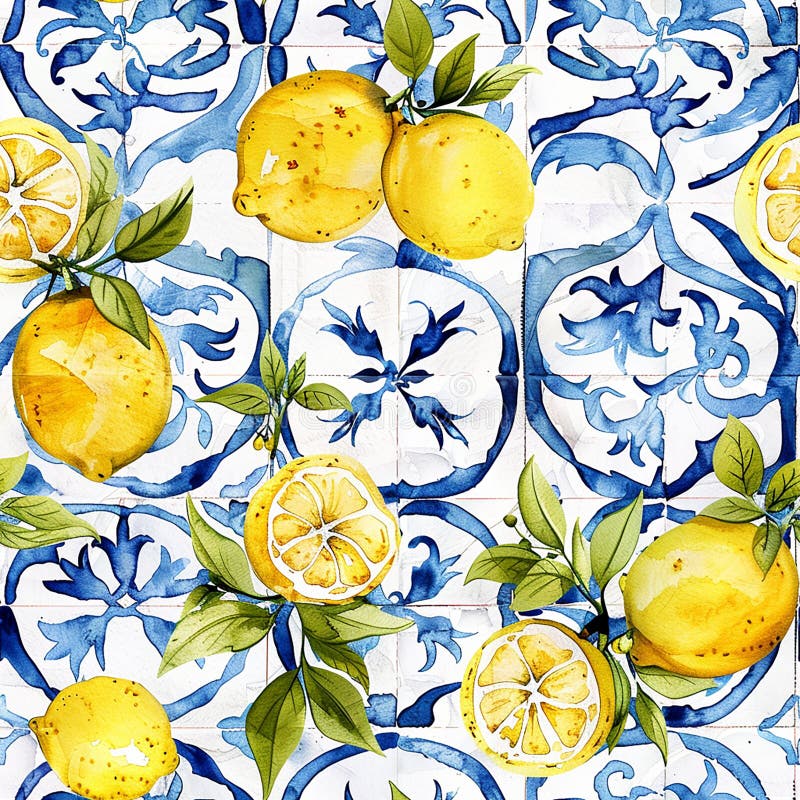 Watercolor Seamless Pattern with Lemons and Blue Patterns. Vintage ...