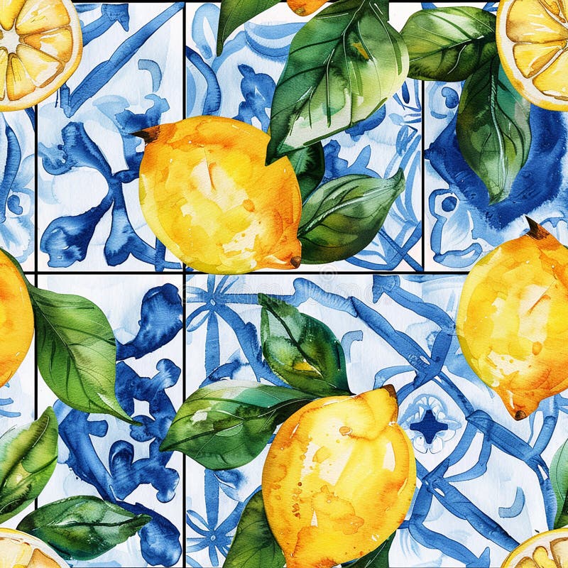 Watercolor Seamless Pattern with Lemons and Blue Patterns. Vintage ...