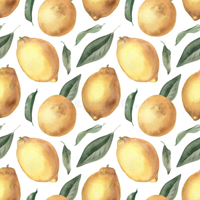 Watercolor Seamless Pattern with Lemons and Citrus Leaves Stock Image ...