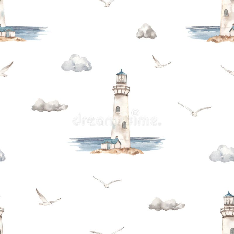 Watercolor Seamless Pattern with Lighthouse, Sea, Seagulls, Clouds ...