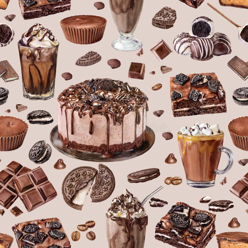 Watercolor Seamless Pattern with Loads of Chocolate Desserts and Coffee ...