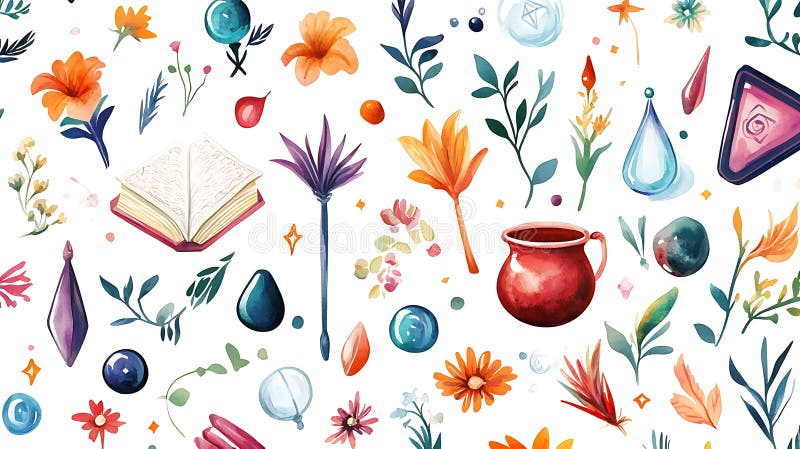 Watercolor Seamless Pattern with Magic, Fantasy, Witchcraft, and Herbal Elements Stock ...