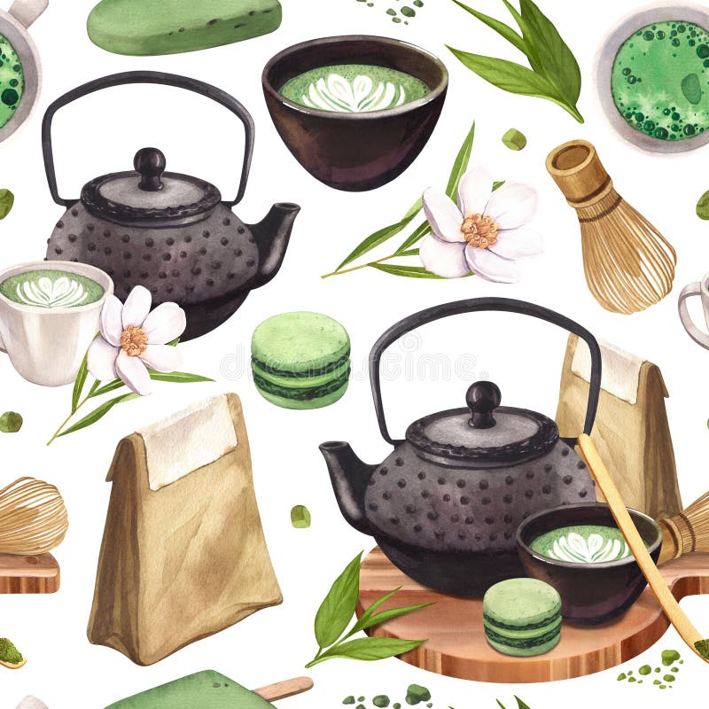 Watercolor Seamless Pattern Matcha Tea and Coffee Elements. Hand-drawn ...