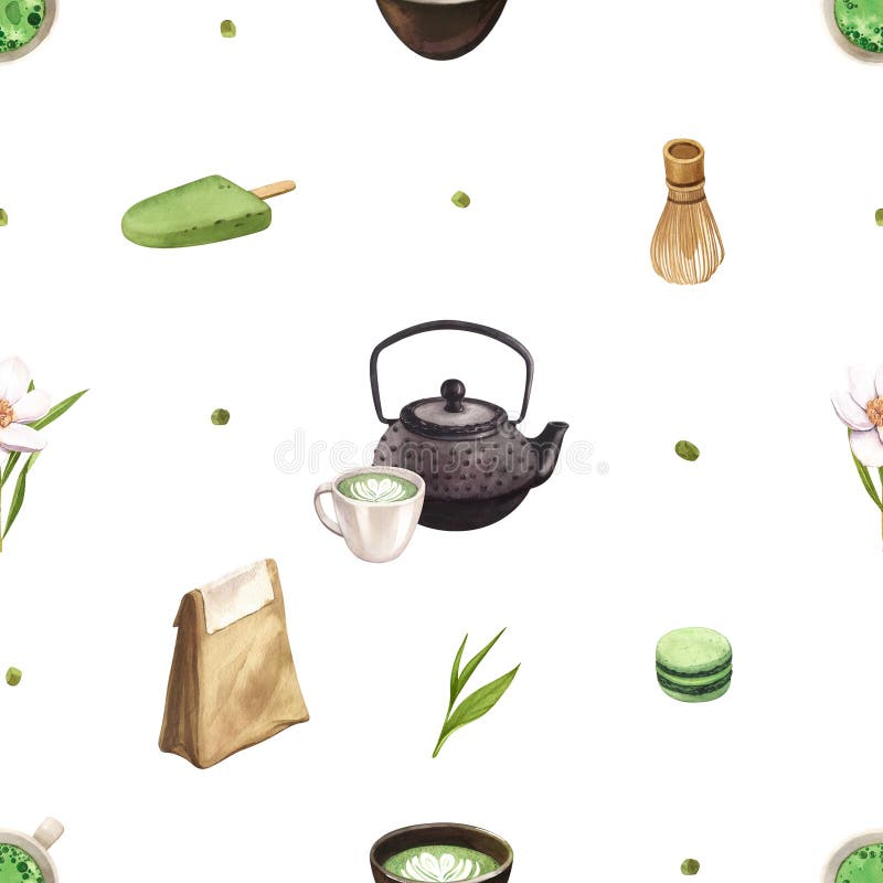 Watercolor Seamless Pattern Matcha Tea and Coffee Elements. Hand-drawn ...