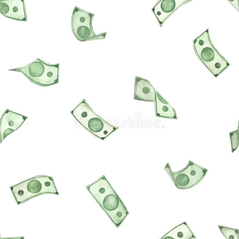 Watercolor Seamless Pattern with Money, Dollars, Green Bills, Falling ...