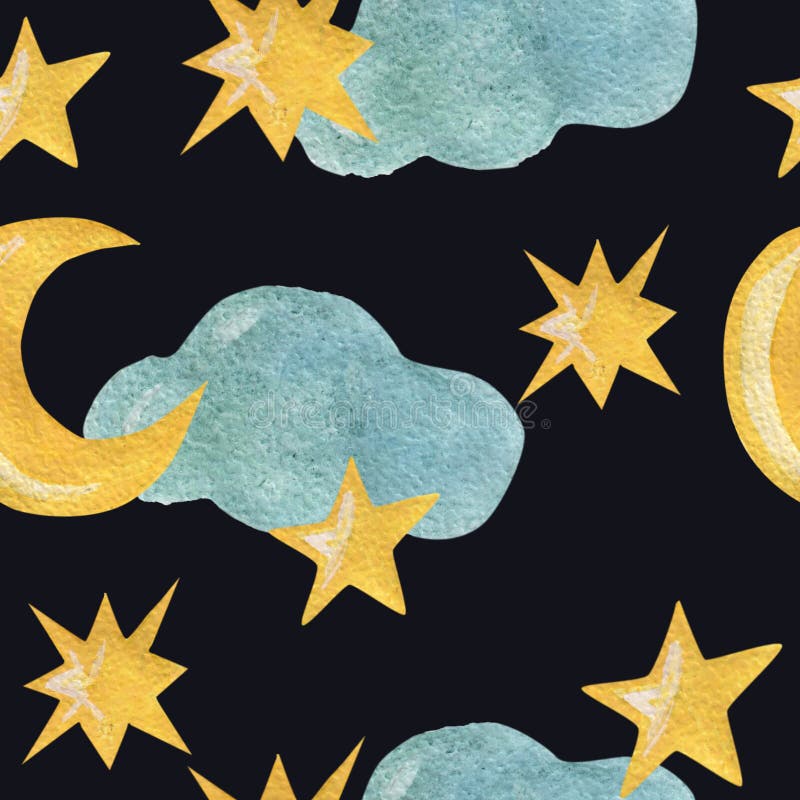 Watercolor Seamless Pattern with Moon, Cloud and Star Stock ...