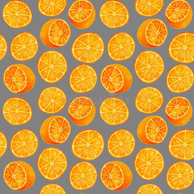 Watercolor Seamless Pattern of Orange on Grey Background. Orange Fruit ...