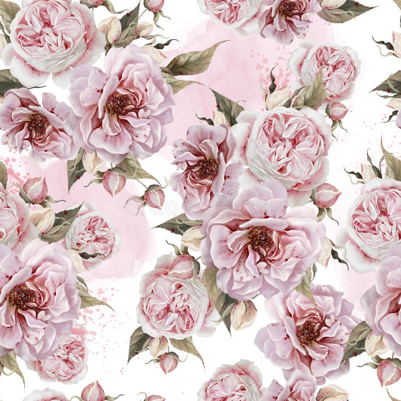 Watercolor Seamless Pattern with Pink Roses and Leaves Stock Image ...