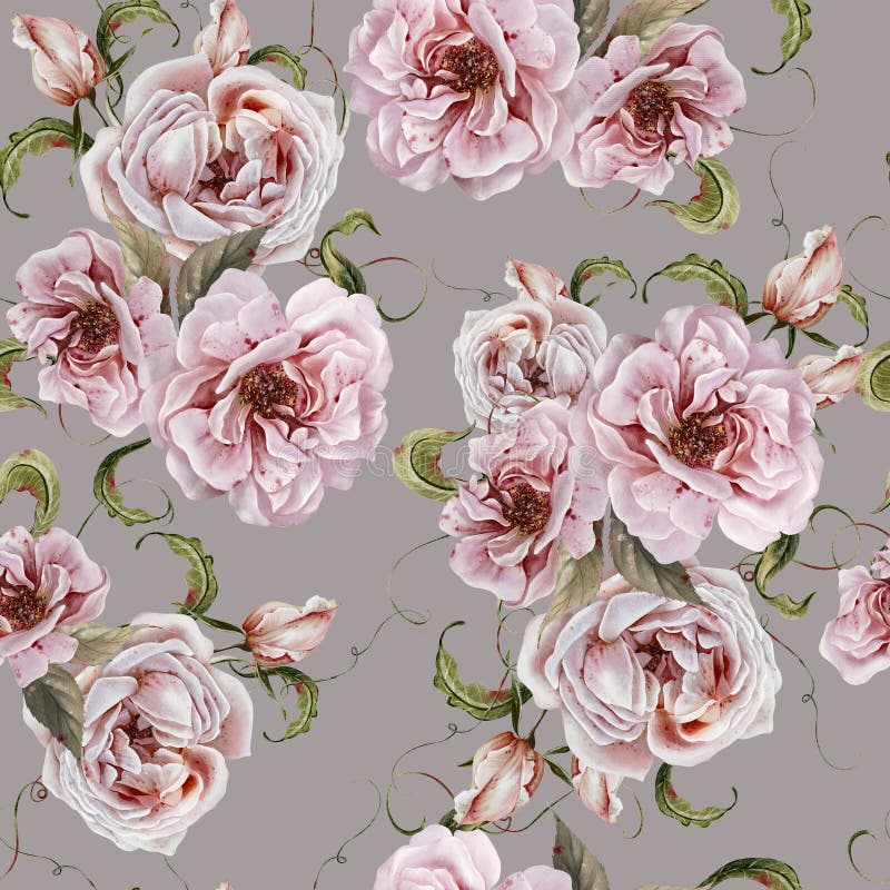 Watercolor Seamless Pattern with Pink Roses and Leaves Stock ...